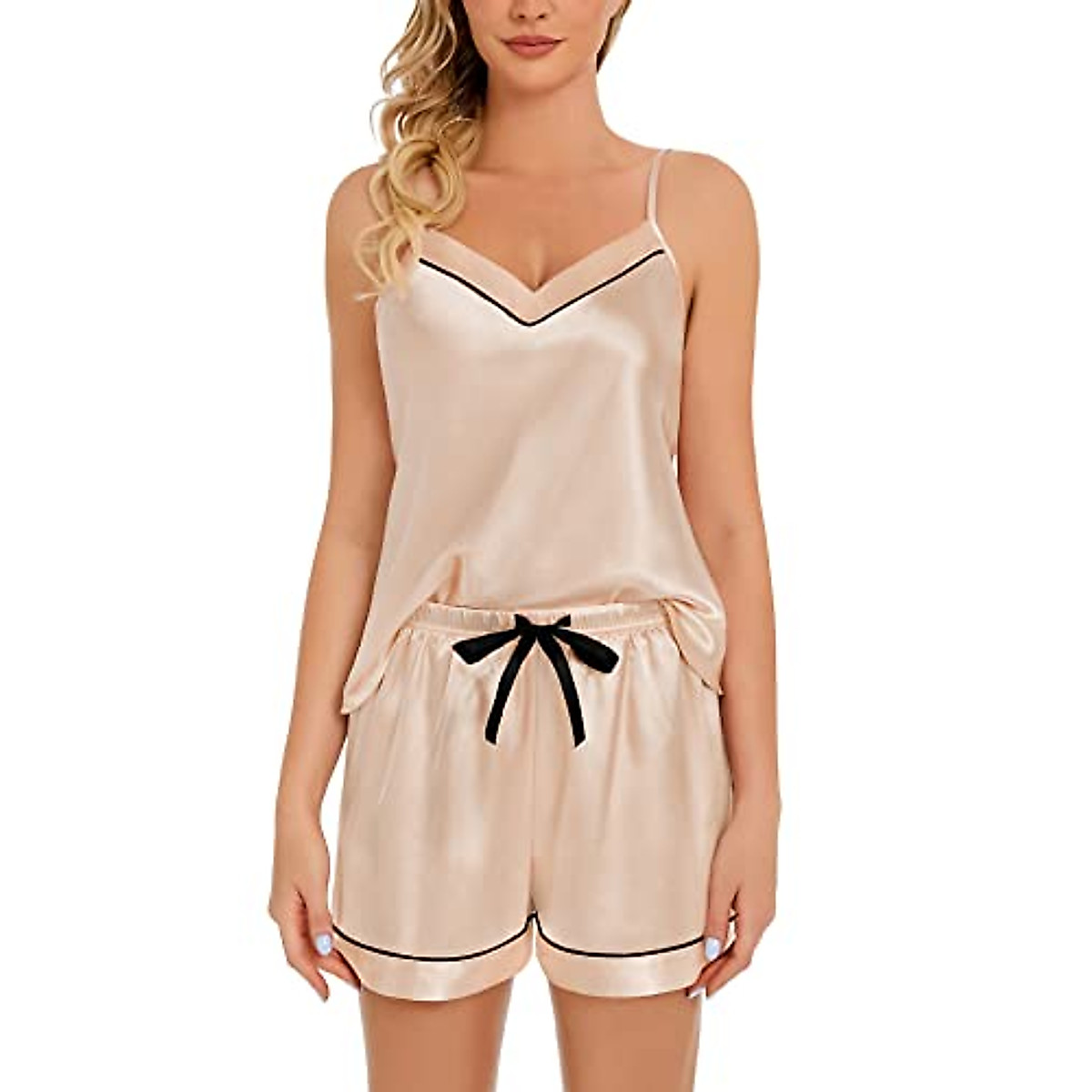 SWOMOG Silk Cami Pajamas Set Women Satin Pjs Camisole Loungewear Soft Lingerie Set Champagne