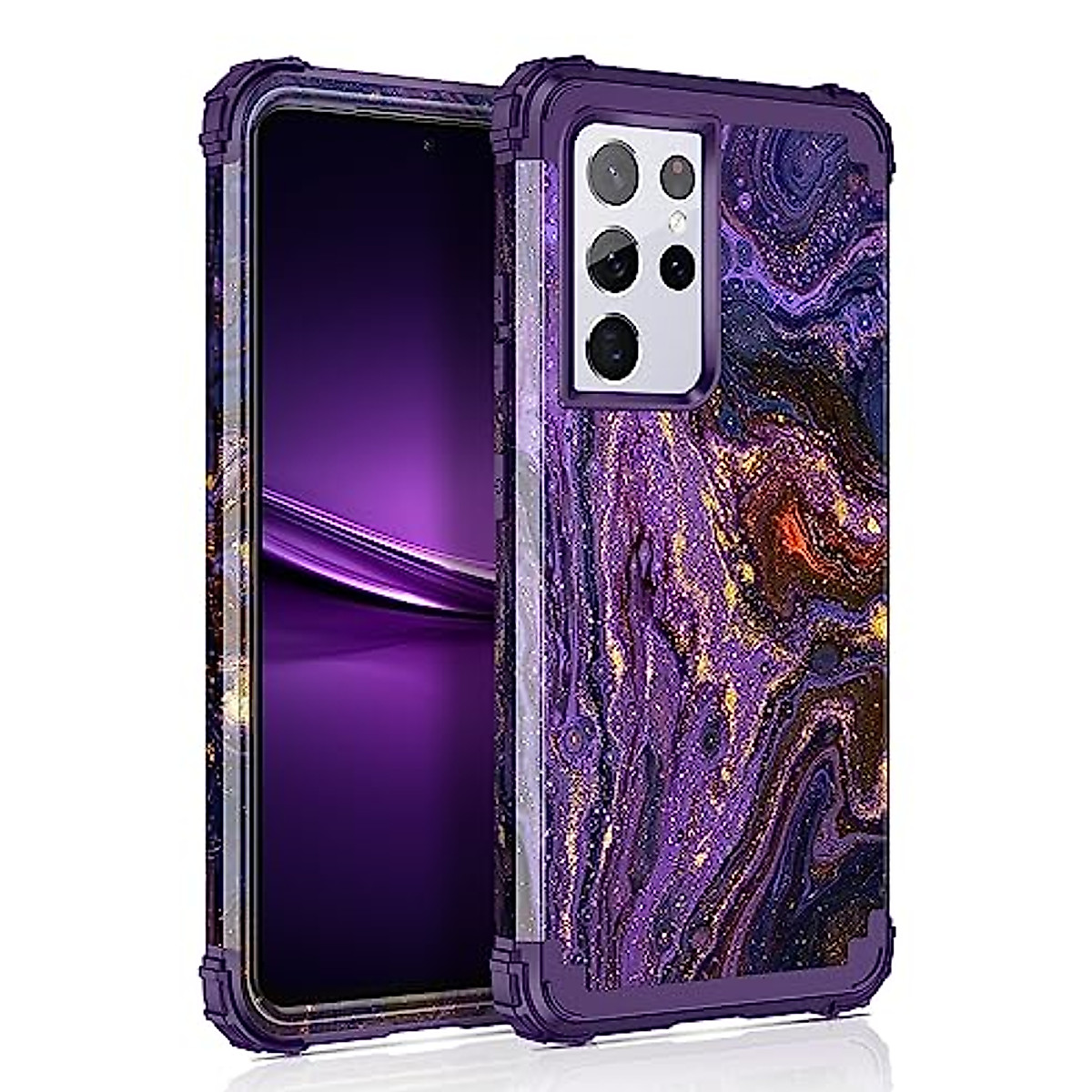Miqala for Galaxy S21 Ultra 5G Case,Shiny in The Dark Three Layer Heavy Duty Shockproof Protection Hard Plastic Bumper +Soft Silicone Rubber Protective Case for Galaxy S21 Ultra,Deep Purple