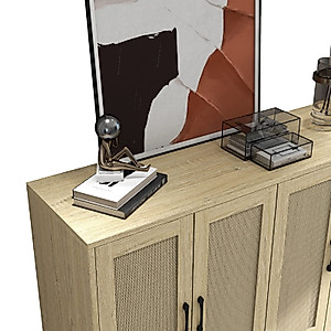 Panana Buffet Storage Cabinet with Rattan Decorating 4 Doors Living Room Kitchen Sideboard 48.43 x 34.65 x 15 inch (Natural Wood)