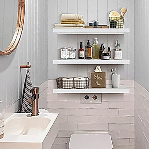 YARUKIMA White Floating Shelves Wall Mounted Set of 3,Wood Storage Shlef for Wall,Space Saving Wall Shelf for Bathroom Bedroom Kitchen Storage Rack with Invisible Brackets.