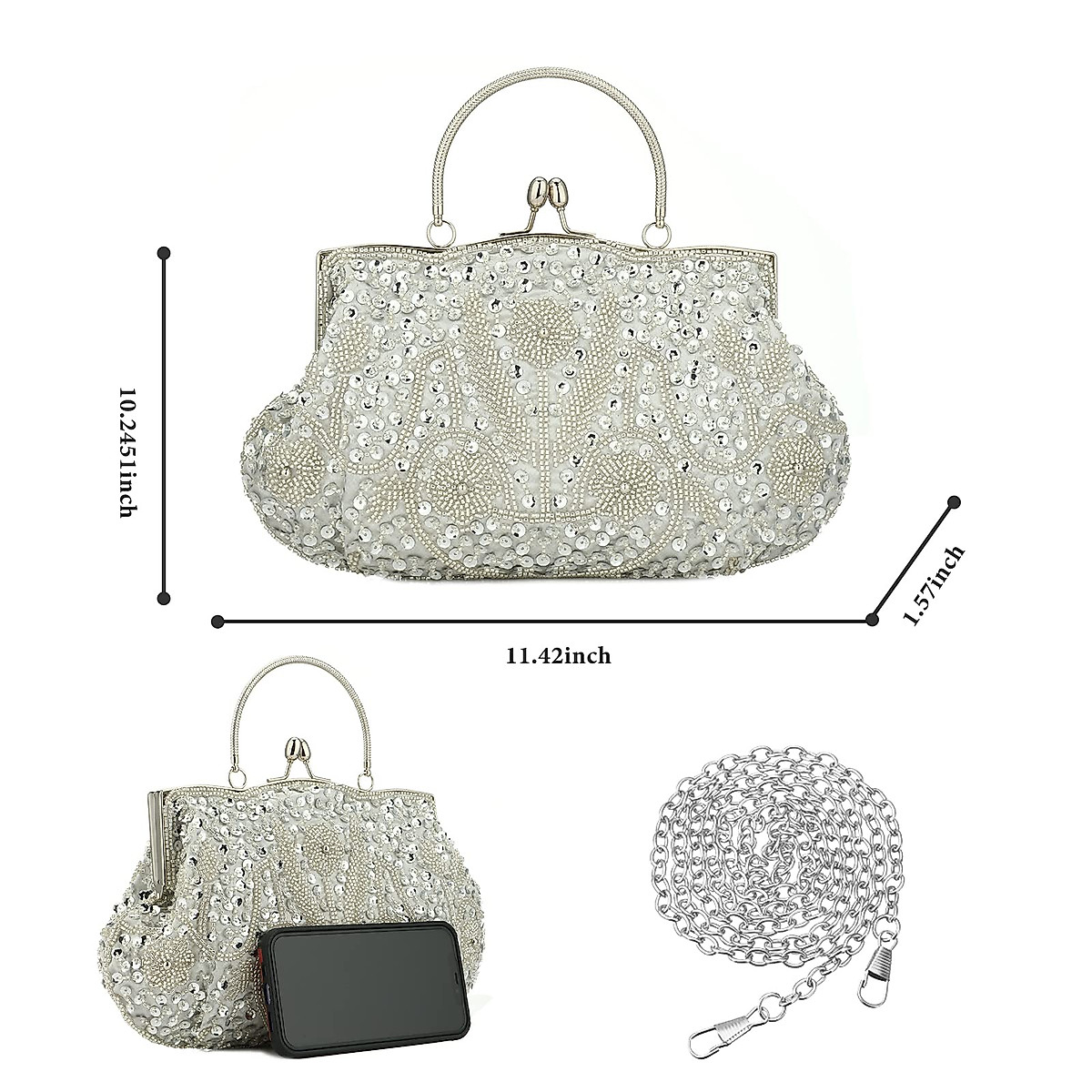 Women Vintage Beaded Evening Clutch Vintage Design Sequin Floral Top-handle Handbag Party Wedding Purse Wallet (Silver)