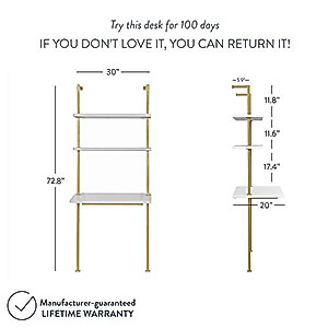 Nathan James Theo 2-Shelf Industrial Wall Mount Ladder Small Computer or Writing Desk, White/Gold Brass