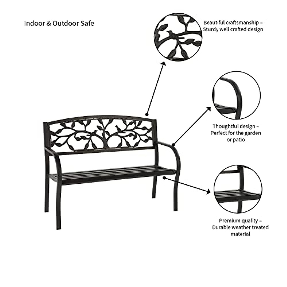 Plow & Hearth Weatherproof Tree of Life Outdoor Bench | Holds Up to 300 lbs | Garden Patio Porch Park Deck | Metal | Black