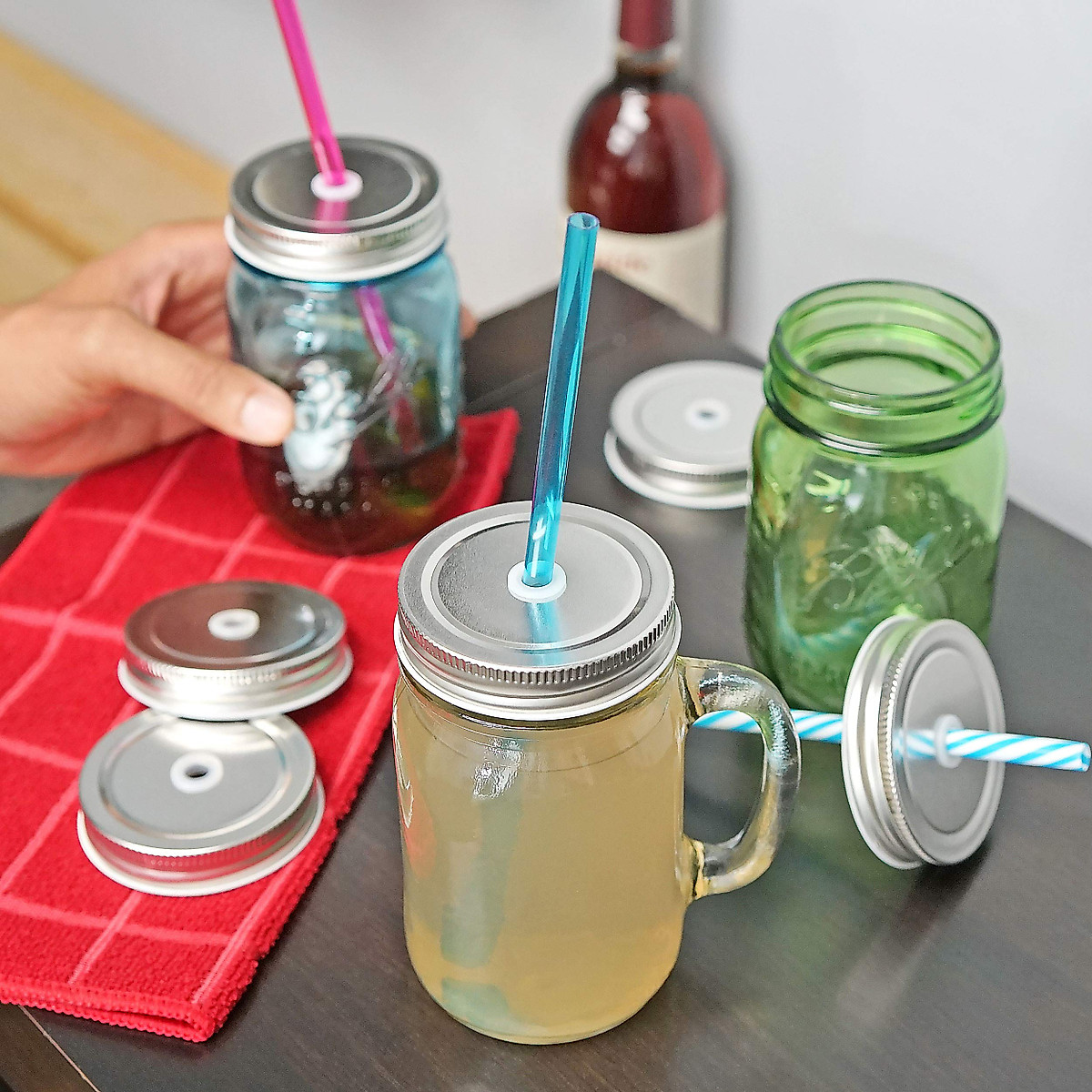 Southern Homewares Mason Jar Lids with Straw Hole Set of 12 Small Mouth Mason Jar Lids Kids Jar Lids Mason Jar Drinking Lids