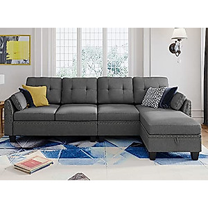 HONBAY Reversible Sectional Sofa L-Shape Sofa Convertible Couch 4-Seater Sofas Sectional for Apartment Dark Grey
