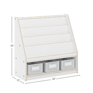 Guidecraft EdQ Book and Bin Display White with 3 Storage Bins: Wooden Kids Bookcase and Toy Storage Organizer; Homeschool and Classroom Bookshelf Furniture