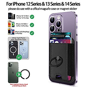 WUOJI Magnetic Card Wallet Holder for Magnetic, Secure Magnetic Card Holder with Phone Grip & Kickstand for Magnetic Leather Wallet for Back of iPhone 14/13 and 12 Series (PU Black)