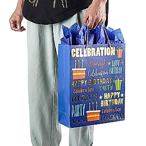 Jaywayang 12.6" Large Happy Birthday Gift Bag with Card and Tissue Paper (Blue)