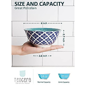 Teocera Cereal Bowls, Soup Bowls, Porcelain Multicolor Bowl Set, 18 Ounce for Cereal, Soup, Oatmeal, Salad, Dessert, Set of 6