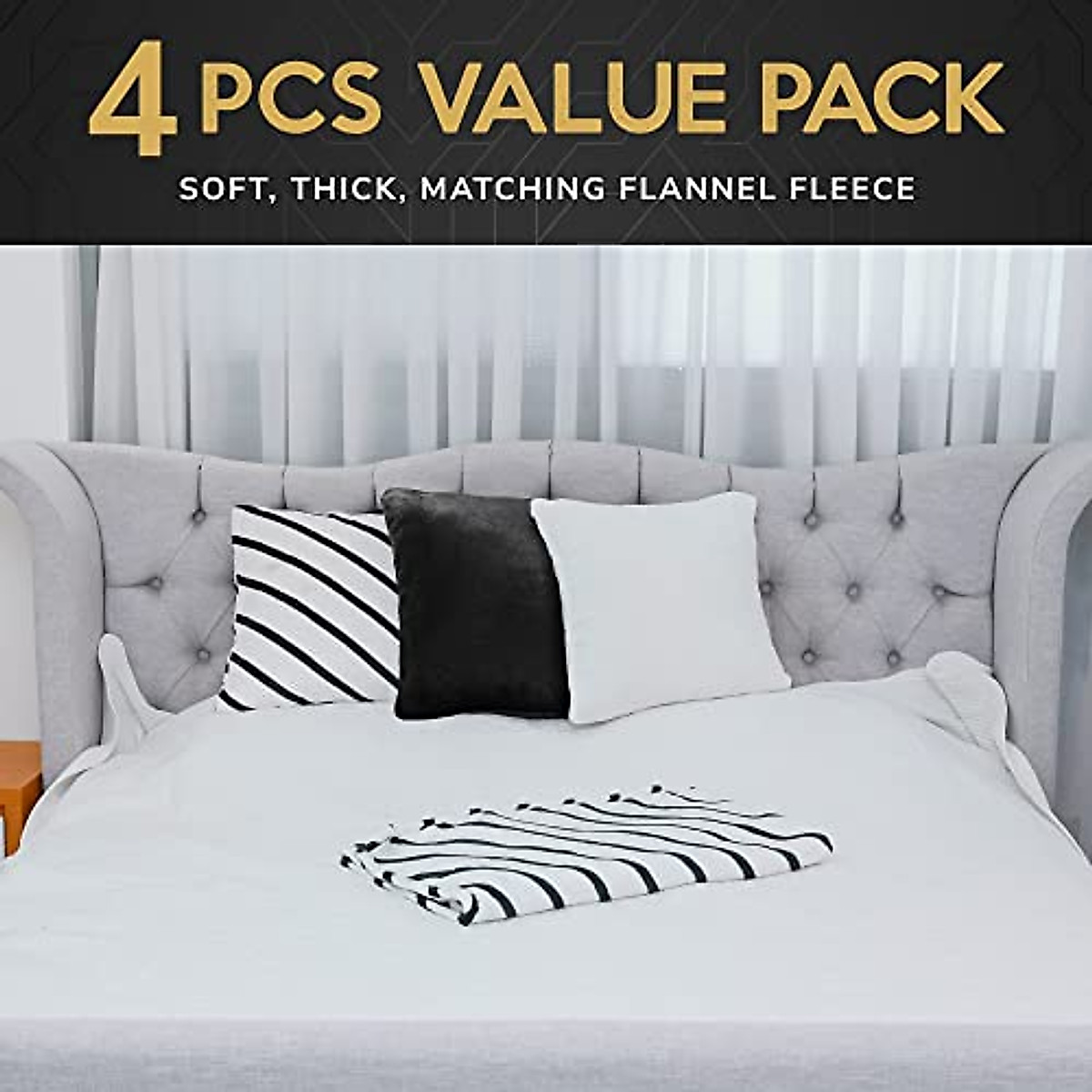 4 Piece Throw Blanket with Pillow Covers Set - Black & White Stripes Fleece Blanket with 3 Throw Pillow Covers - Soft Fluffy Cozy Flannel Blanket - Black, White and Stripe Square Pillow Covers 18x18