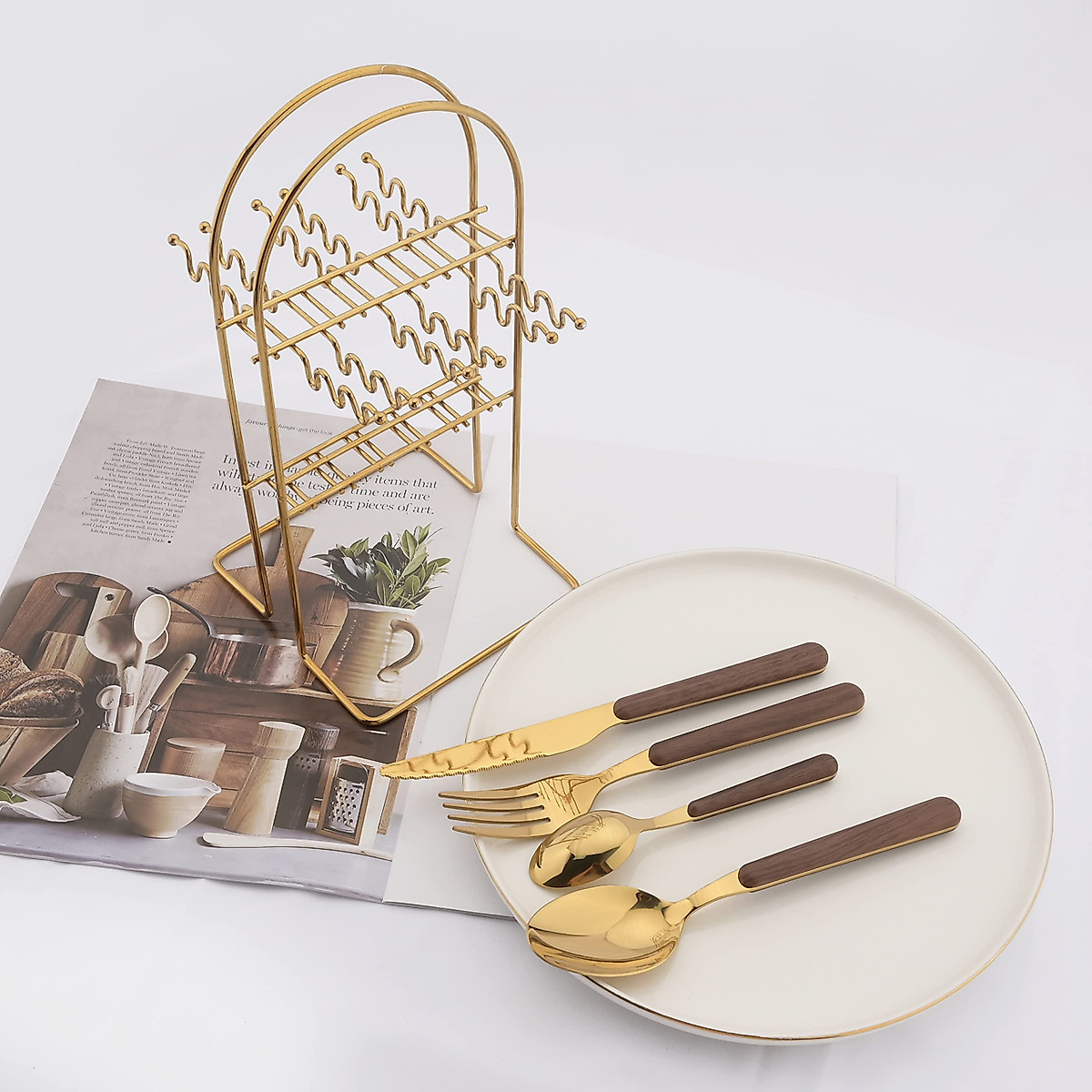 Silverware Set with Holder - Uniturcky Hanging Flatware Set with Stand - 24PCS Cutlery Set with Faux Wooden Handle - Stainless Steel Utensils Set for Home Restaurant Party (Gold, Service for 6)