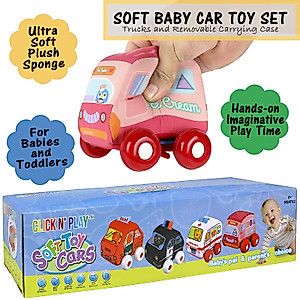 Click N' Play Plush Cars - Set of 4 Soft Cars - Durable Stuffed Ambulance, Taxi, Police Car, Ice Cream Truck Toys - Sensory Baby Car Toy Set - Sensory Push Cars for Toddlers, Kids