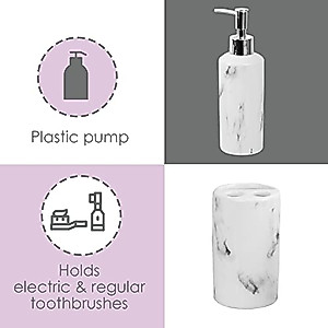 Home Basics Marble Design Look, Ceramic 4-Piece Durable Bath Accessory Set, includes Lotion Dispenser, Soap Dish, Tumbler, Toothbrush Holder
