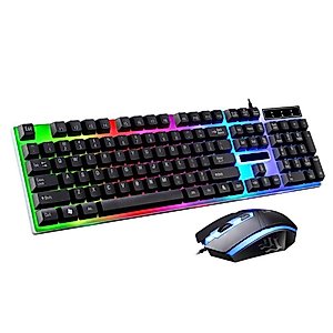 Lookatool LED Rainbow Color Backlight Adjustable Gaming Game USB Wired Keyboard Mouse Set (Black)