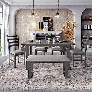 XD Designs 6 Piece Kitchen Dining Table Set with Rectangular Table and Comfortable Cushioned Seat, Farmhouse Rustic Wood Dining Room Set for 4-6 Persons, Dining Set for Family, Gray