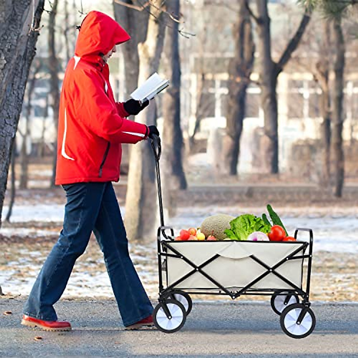 YSSOA Portable Rolling Folding Garden Cart with 360 Degree Swivel Anti-Slip Wheels & Adjustable Handle, 220lbs Weight Capacity, White