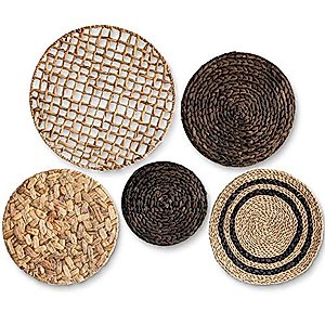 Large Boho Woven Wall Basket Decor - Set of Five - Handmade Wall Art made from Natural Water Hyacinth Seagrass - Ready to Hang