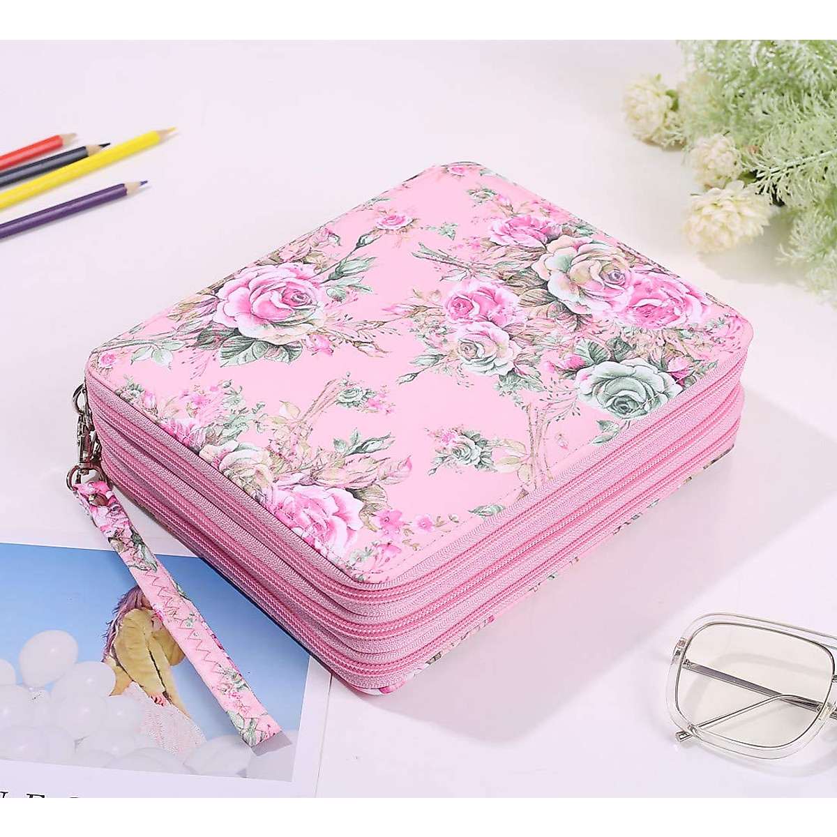 Shulaner 120 Slots Colored Pencil Case with Zipper Closure Large Capacity Pink Rose Oxford Pen Organizer Flower Pencil Holder