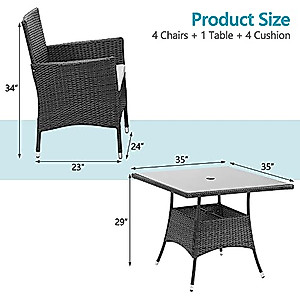Odoor Direct 5 Piece Patio Dining Set, Patio Table and Chairs Set for 4, Wicker Outdoor Furniture, Square Tempered Glass Tabletop with Umbrella Hole, for Balcony, Backyard, Front Porch,Grey