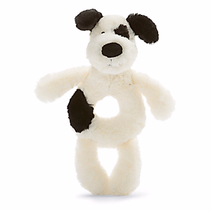 Jellycat Bashful Black and Cream Puppy Soft Plush Baby Toy Ring Rattle