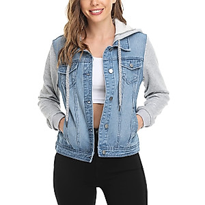 MISS MOLY Women's Casual Hoodie Denim Jacket Jean Jackets Coats W Pockets Light Blue M