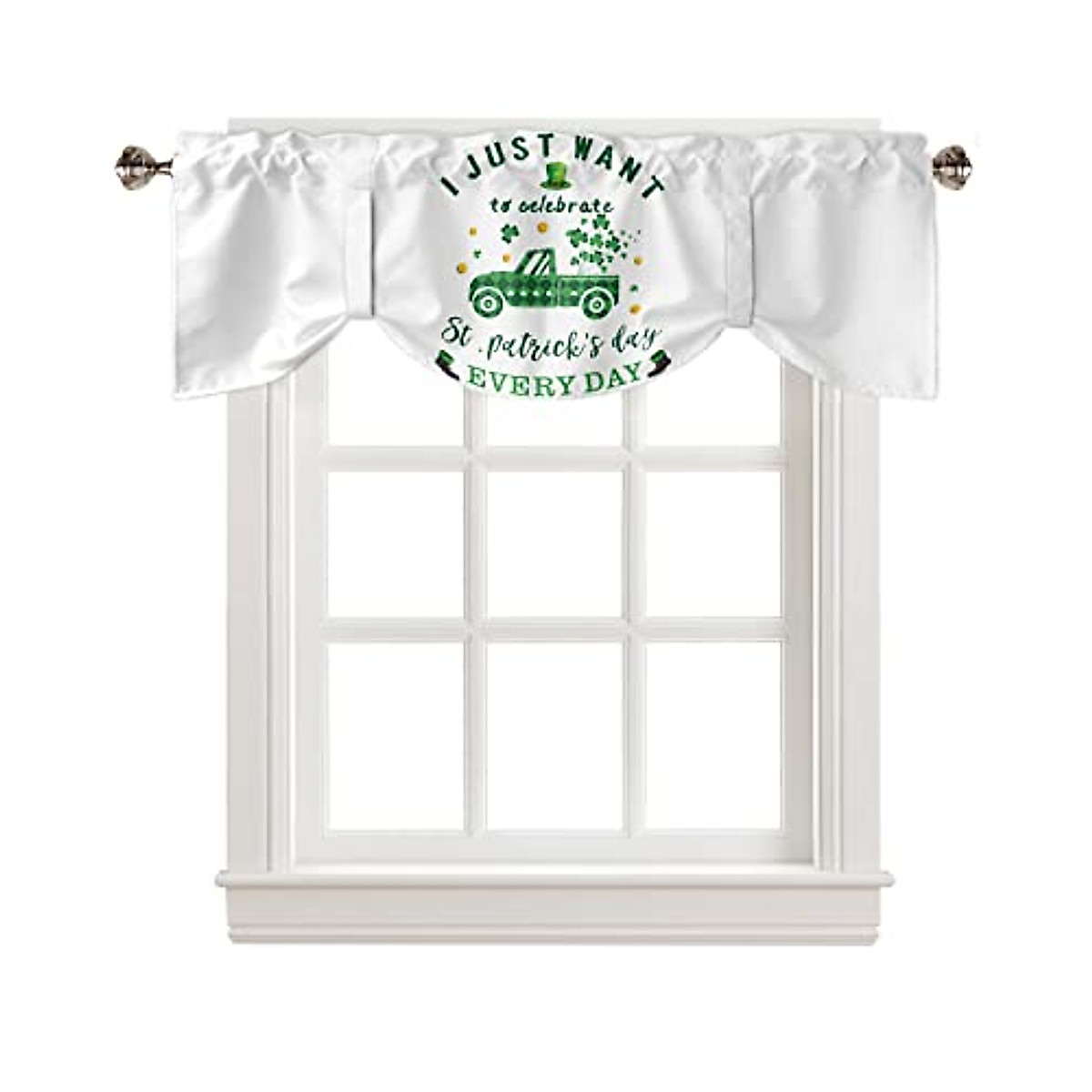 Tie Up Curtain Valances Window Topper,Shade Valance for Kitchen Windows St. Patrick's Day Plaid Truck with Clover and Gold Coins Rod Pocket Tie-up Curtains Window Treatment Drapes White 42"x18"