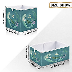 Emelivor Mermaid Turtle Cube Storage Bin Foldable Storage Cubes Waterproof Toy Basket for Cube Organizer Bins for Nursery Toys Kids Books Closet Shelf Office - 11.02x11.02x11.02 IN
