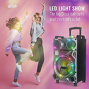 Portable Bluetooth Party Speaker and Karaoke Machine with 2 Wireless Mics, Disco Ball, LED Lights, Handle and Wheels, FM Radio. Loud Party Sound System, Rechargeable Tailgate PA Speaker