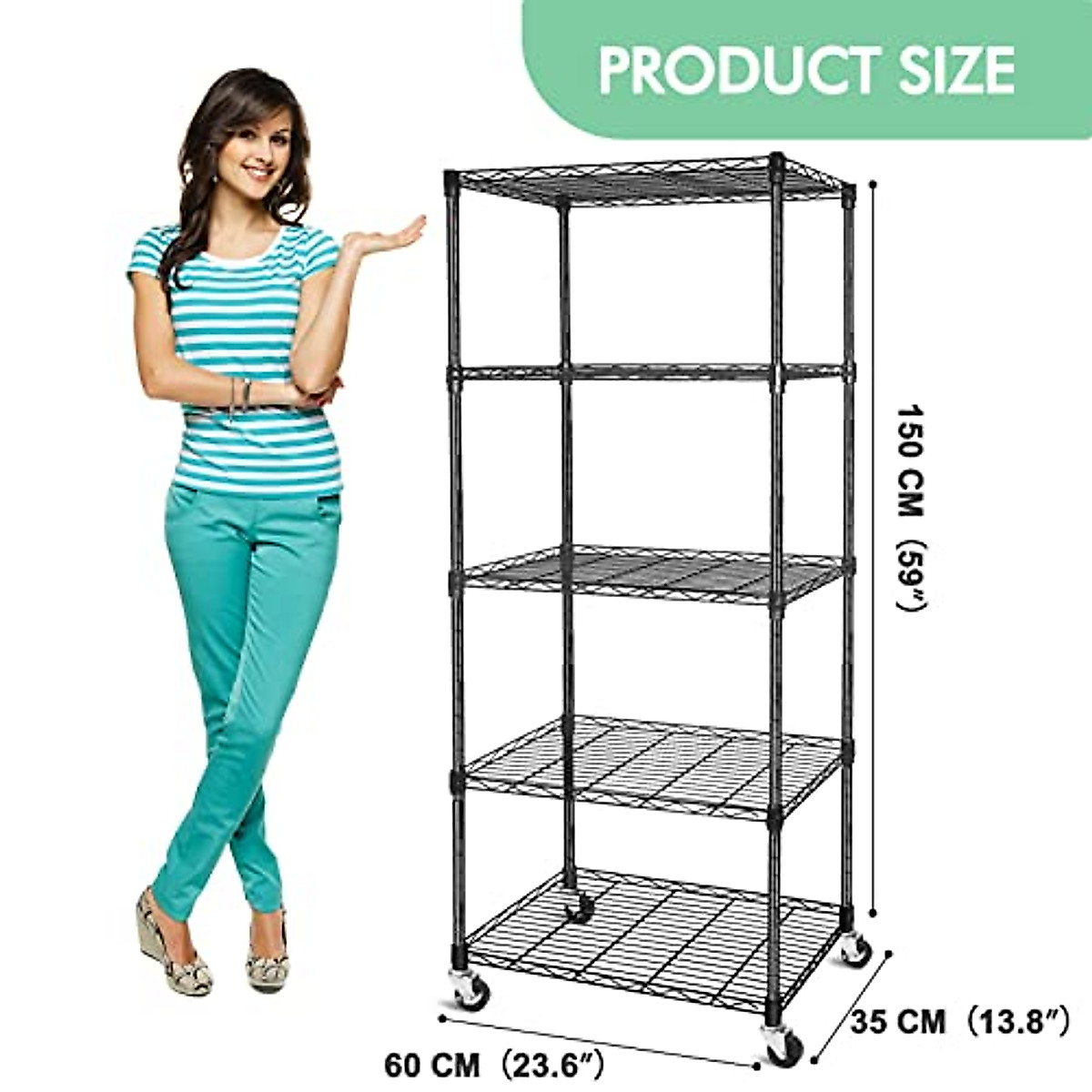 Hlyluoyi 5-Shelf Adjustable, Heavy Duty Wire Shelving Unit on Wheel Casters, Metal Garage Storage Shelves, NSF Kitchen Shelf Organizer Rack, Free Standing Utility Shelf, Black (13.8L x 23.6W x 61.6H)