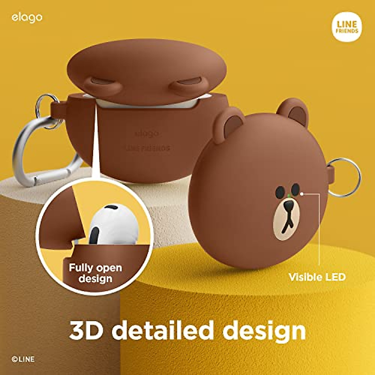 elago | LINE Friends Case Compatible with AirPods 3 Case Cover, Cute 3D Design Case Compatible with AirPods 3rd Generation Case 2021, Protective Silicone Case with Keychain, Wireless Charging (Brown)