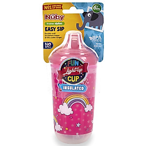 Nuby Insulated Light Up Cup with No Spill Bite Resistant Hard Spout, Pink Rainbow, 10 Oz