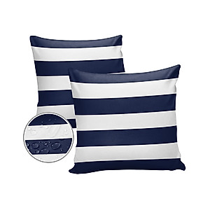 Outdoor Pillow Covers 26x26 Waterproof Polyester Throw Pillow Covers, Navy Blue White Stripes Decorative Pillowcases Garden Cushion Case for Patio Couch Sofa Decoration Set of 2, Geometric Summer
