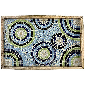 MyGift Mango Wood Serving Tray with Intricate Glass Mosaic Design, Rectangular Decorative Tray with Cutout Handles - Handcrafted in India