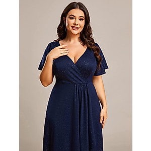 Ever-Pretty Plus Women's Plus Size Glitter A-Line Ruffle High-Low Summer Cocktail Dress with Sleeves Navy Blue US16