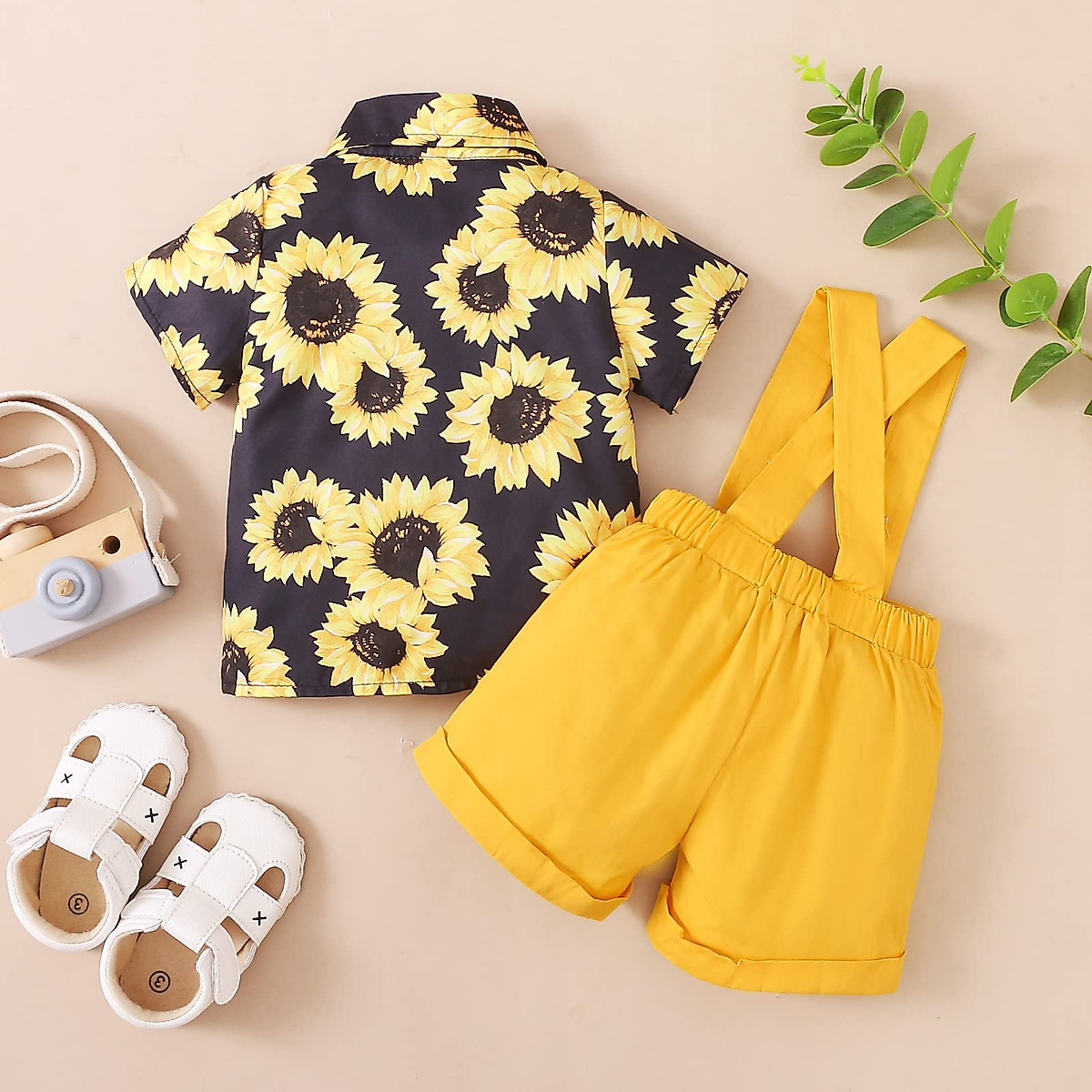 Noubeau Baby Boy Girl Brother Sister Matching Outfits Sunflower Print Short Sleeve Tops Romper+Suspender Overalls Shorts Clothes Set (Sunflower- Shirt, 12-18 Months)