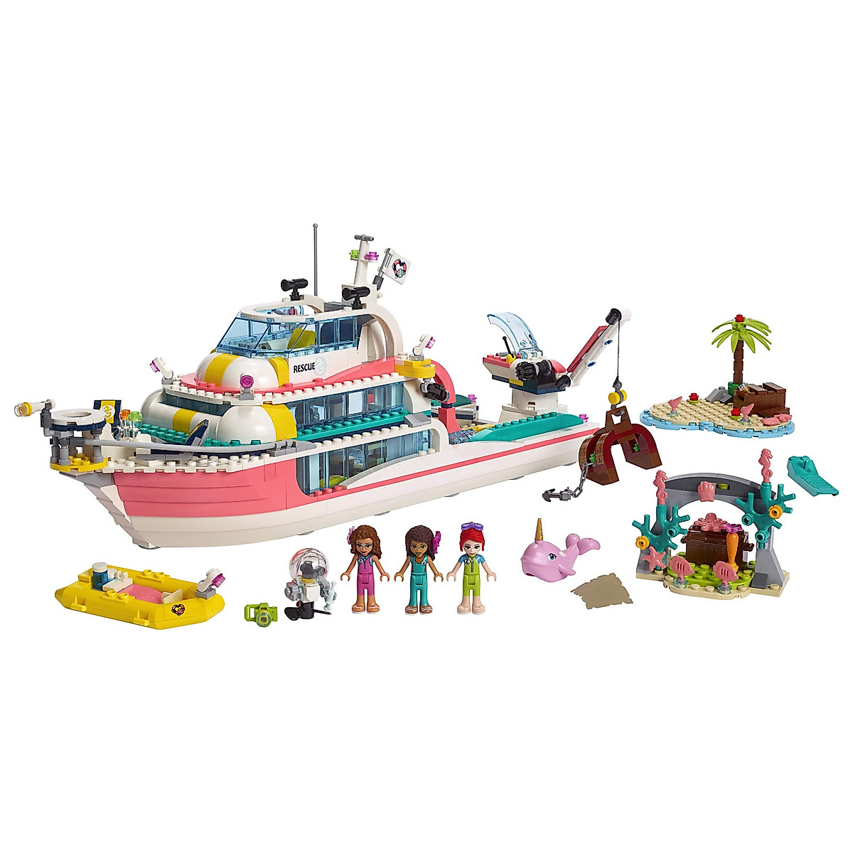 LEGO Friends Rescue Mission Boat 41381 Toy Boat Building Kit with Mini Dolls and Toy Sea Creatures, Rescue Playset Includes Narwhal Figure, Treasure Box and More for Creative Play (908 Pieces)