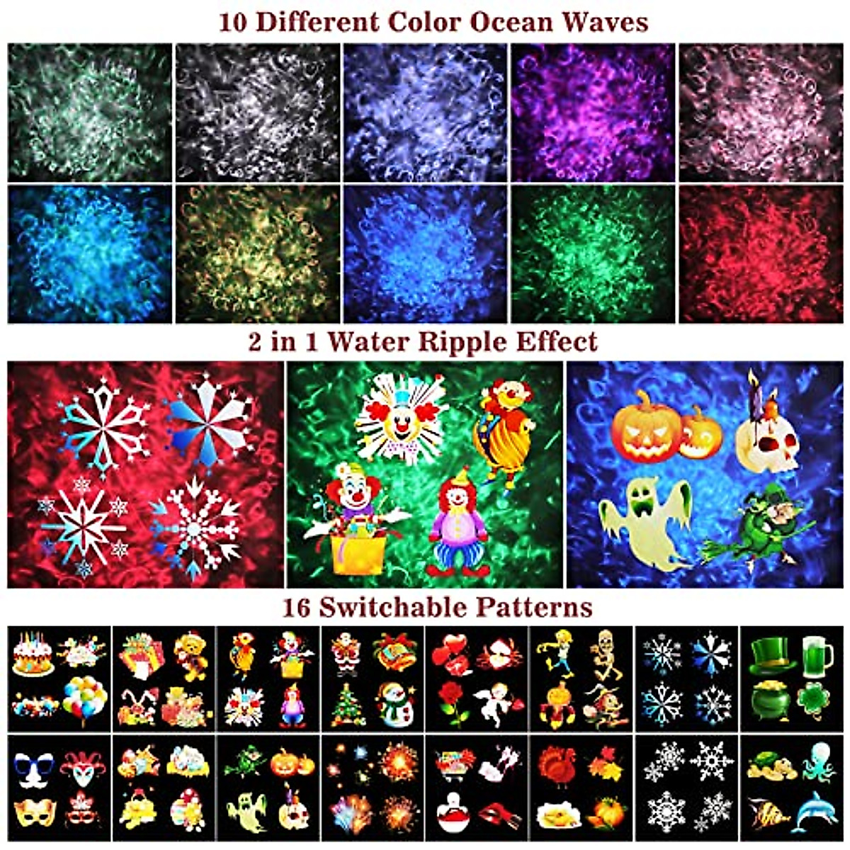 Christmas Halloween Projector Lights, Remote Control 2-in-1 Ocean Water Wave & Rotating Gobos 16 Slides, IP44 Waterproof Indoor Outdoor Lights for Holiday Party Garden Landscape Decorations Puloux