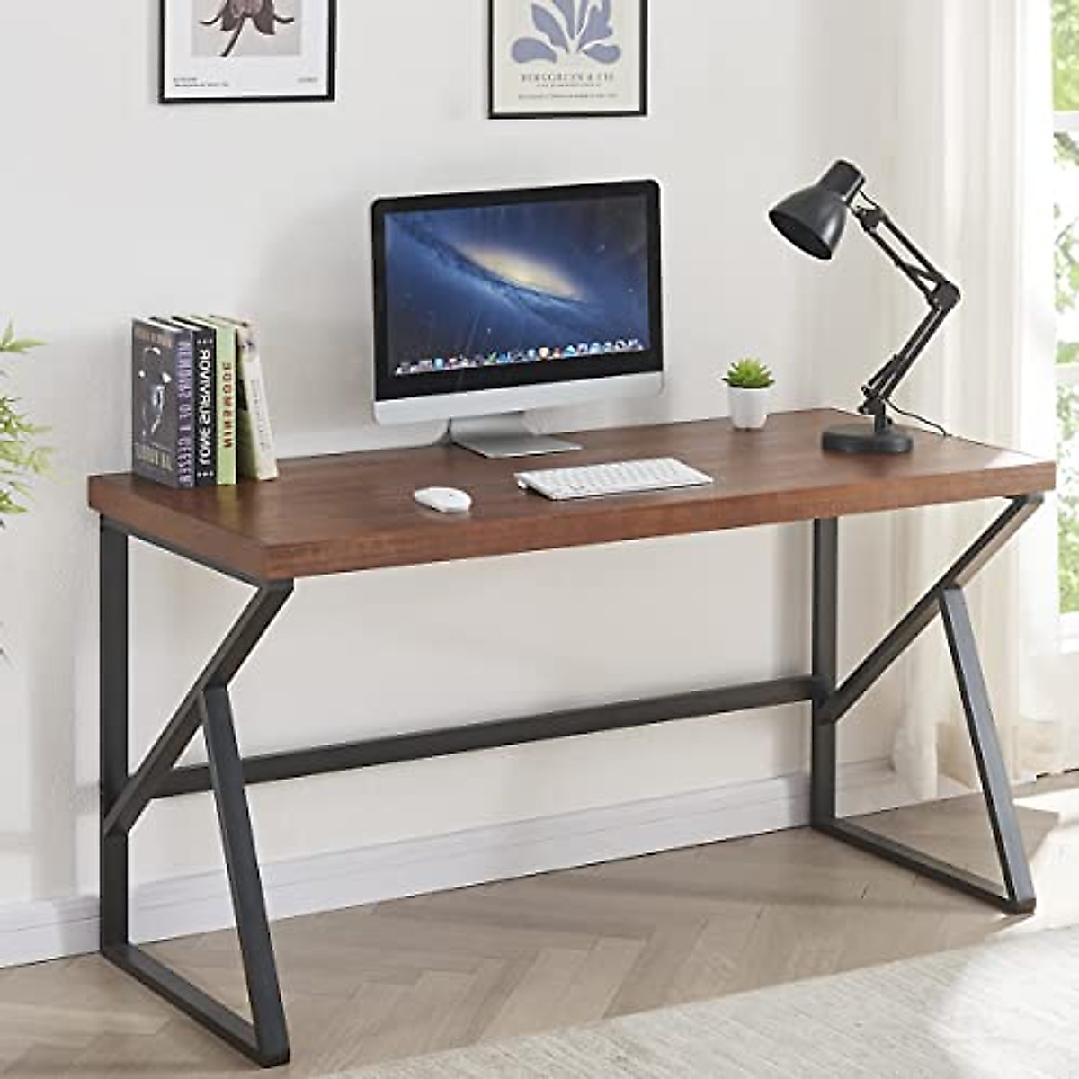 IBF Solid Wood Computer Desk, Natural Real Wooden and Metal Home Office Desk, Farmhouse Industrial Modern Executive Desk Workstation,Laptop PC Table for Gaming Work Writing Study,Rustic Brown,55 Inch