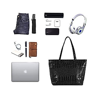 Danse Jupe Women Crocodile Faux Leather Tote Shoulder Bag Soft Top Handle Satchel Purse,Big Capacity Solid Handbag,Black