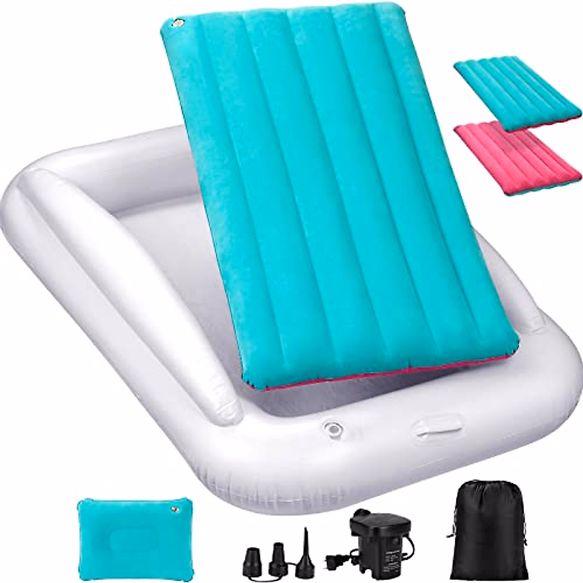 USHMA Toddler Travel Bed, Portable Toddler Bed for Kids | Toddler Air Mattress | Inflatable Travel Toddler Bed | Portable Toddler Bed for Travel | Set Includes Pump, Case, Pillow-Mint Green & Pink