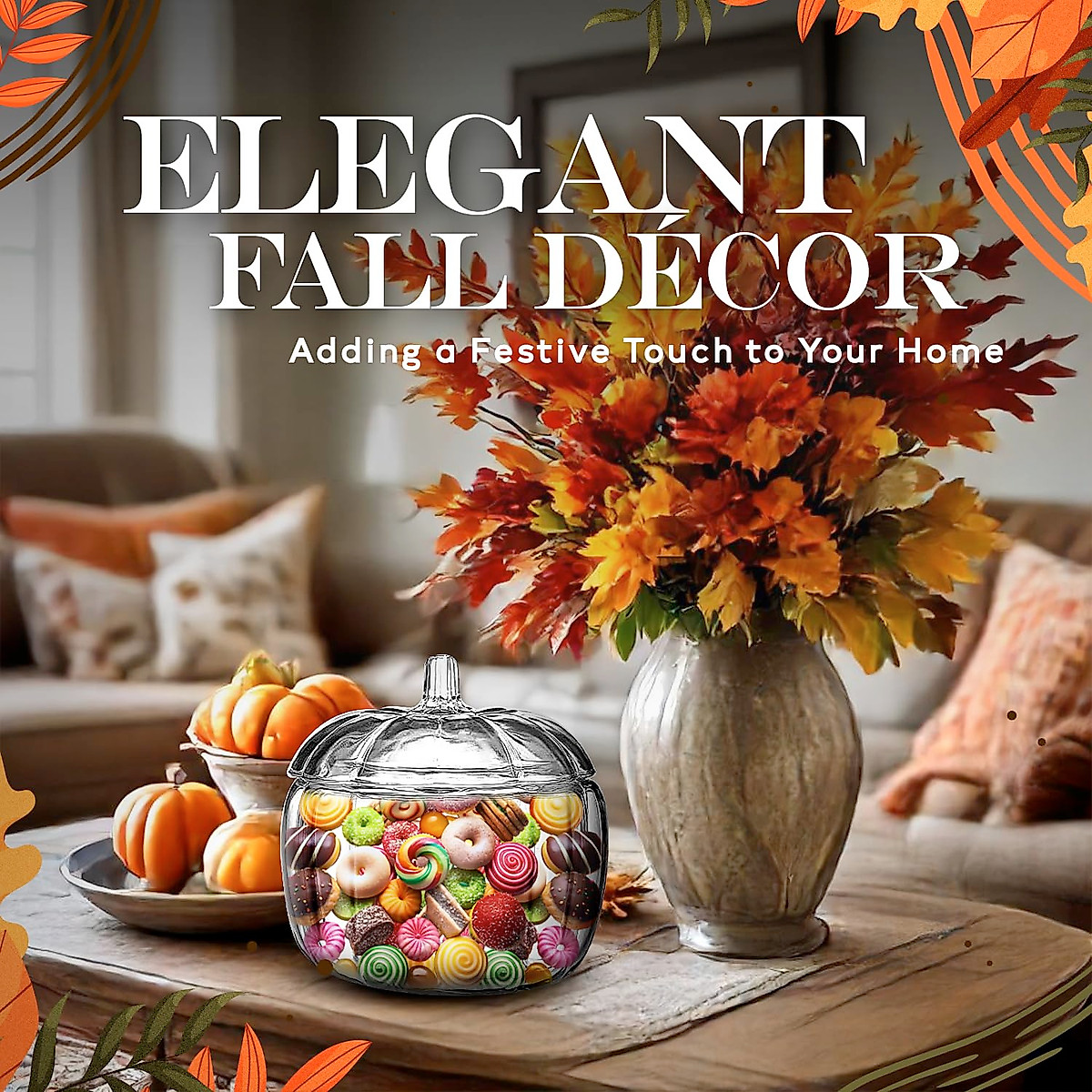 HOMESPHERE 70 oz. Glass Pumpkin Candy Jar with Lid – Large Storage Container for Halloween Treats, Candies and Cookies and Fall Décor Display