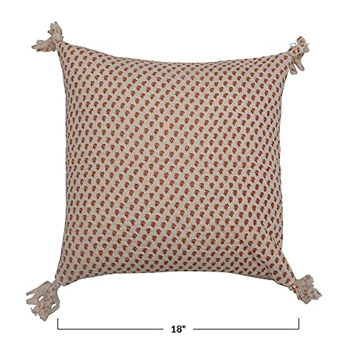 Creative Co-Op Square Block Print Chambray Back & Frayed Tassels Pillow, Cream & Rust