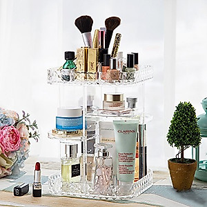 Makeup Organizer 360-Degree Rotating Cosmetic Storage Box, DIY Adjustable Large Capacity Cosmetics Display Case Square Makeup Shelf with Diamond Pattern