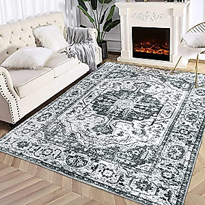 Fashionwu Vintage Area Rug Waterproof Heavy-Duty Rug Non-Slip Stain Resistant Carpet Non-Shedding Persian Distressed Boho Area Rug for Living Room Bedroom Kitchen, 8' x 10' Grey