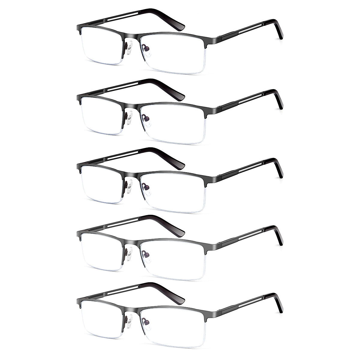 HIGHLIKE 5-Pack Blue Light Reading Glasses for Men, Metal Half Frame Readers Spring Hinge Clear Lens Eyeglasses with Pouches, Semi Rimless 3 Black 2 Gunmetal 3.5 x