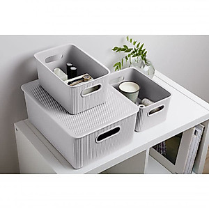 Superio Decorative Plastic Lidded Home Storage Bins Organizer Baskets, Large White Smoke (1 Pack - 15 Liter) Stackable Container Box, for Organizing Closet Shelves Drawer Shelf - Ribbed Collection