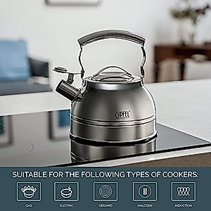 Gipfel International Whistling Tea Kettle Stovetop - Food Grade Stainless Steel Teapot for Stove Top with Ergonomic Handle for Gas, Induction, Electric Stovetops 2.3 Quart