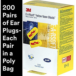 3M Ear Plugs, 200 Pairs/Box, E-A-Rsoft Yellow Neon Blasts 312-1252, Uncorded, Disposable, Foam, NRR 33, Drilling, Grinding, Machining, Sawing, Sanding, Welding, 1 Pair/Poly Bag