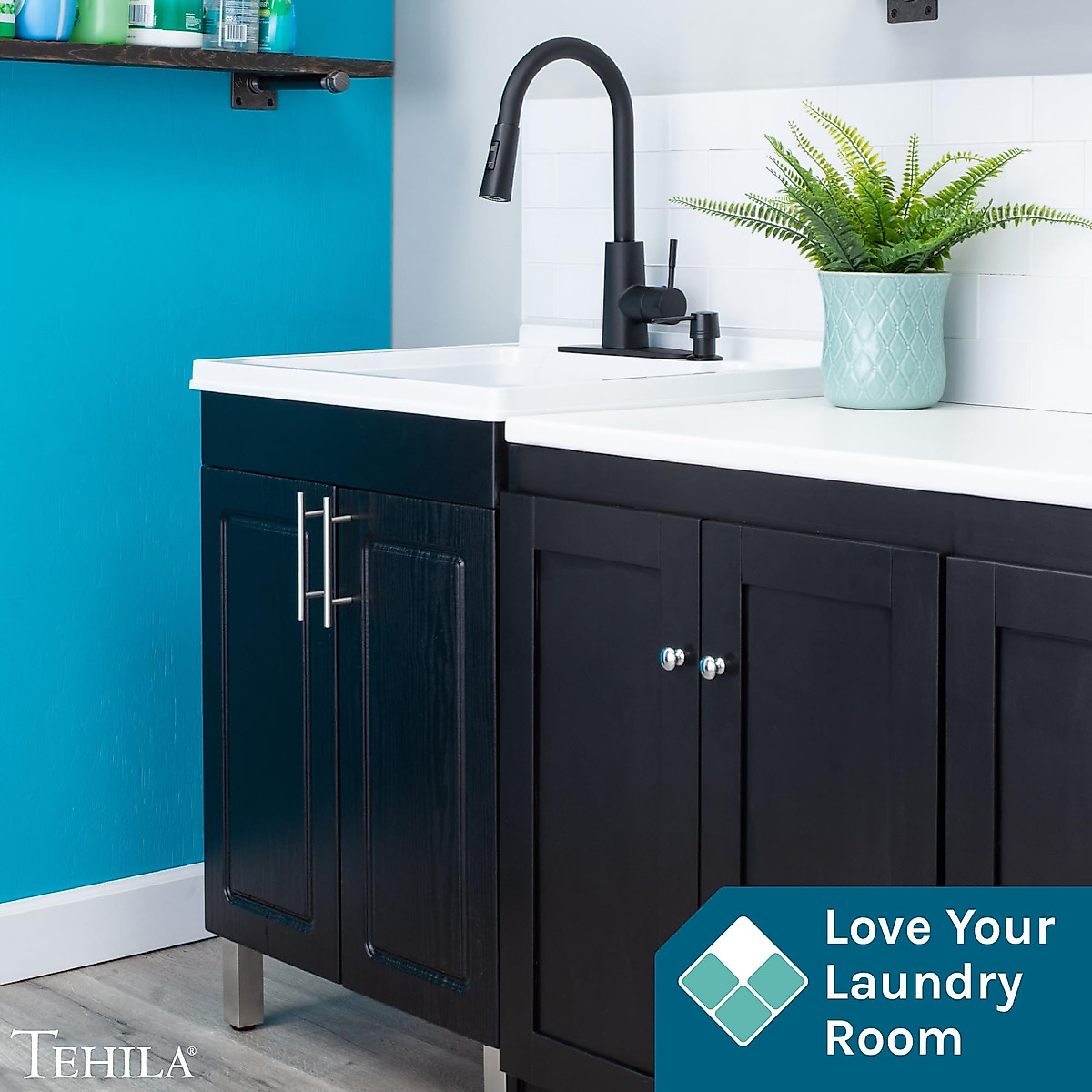 JS Jackson Supplies Black Utility Sink Vanity Cabinet with White Laundry Tub, Black High-Arc Pull-Down Sprayer Faucet for Laundry Room, Mudroom, Basement