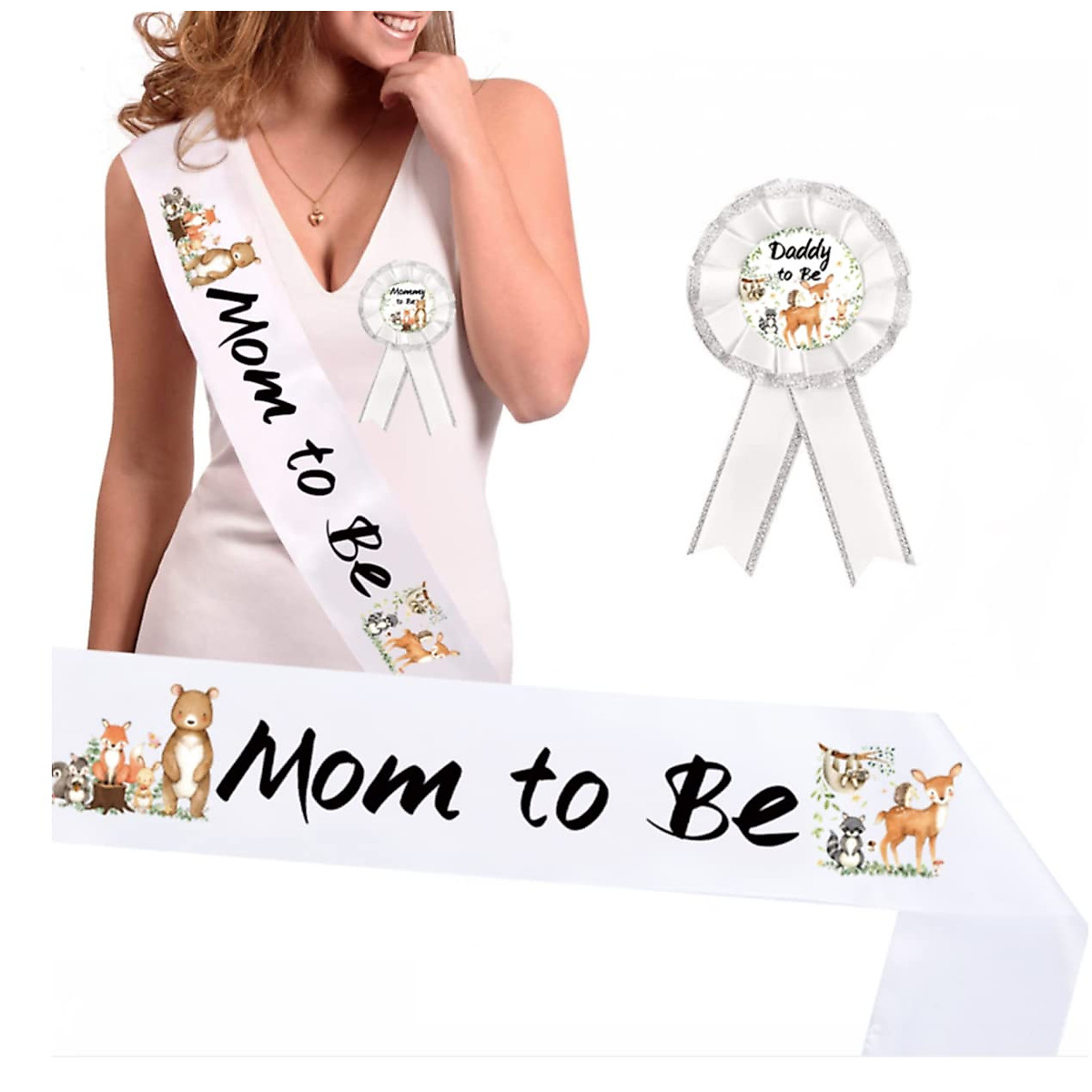 AICHENGZI Woodland Creatures Baby Shower Sash Mom to Be & Daddy To Be Corsage Party Decorations
